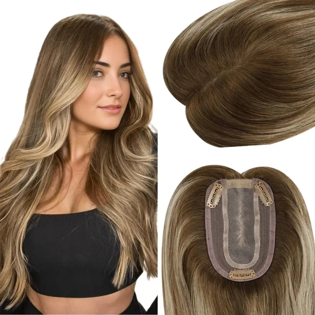 Hair Topper Human Hair Crown Topper Medium Base Highlights Brown ...