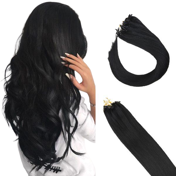 Jet Black #1 Micro Loop Ring Remy Straight Human Hair Extensions ...