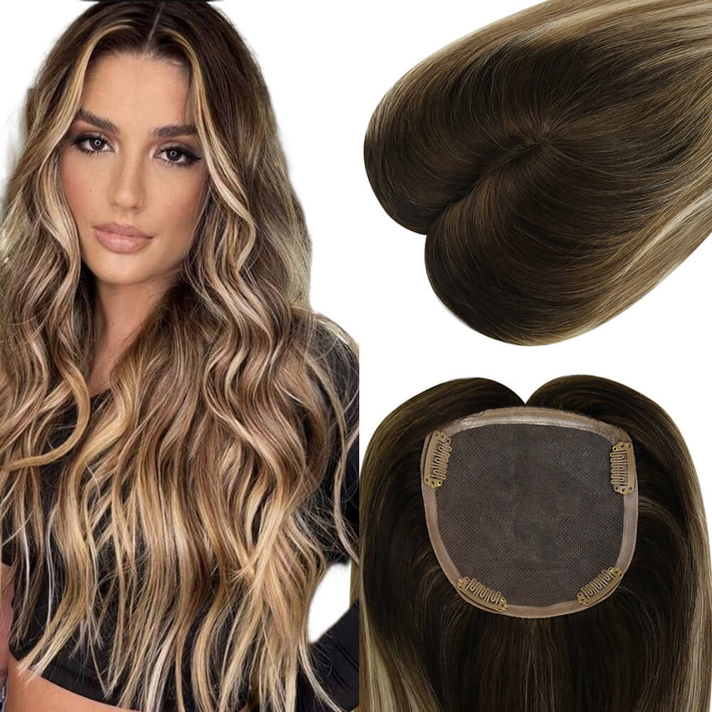 [NEW]Balayage Blonde Mono Topper Human Hair Piece Toupee with Clips#t10 ...